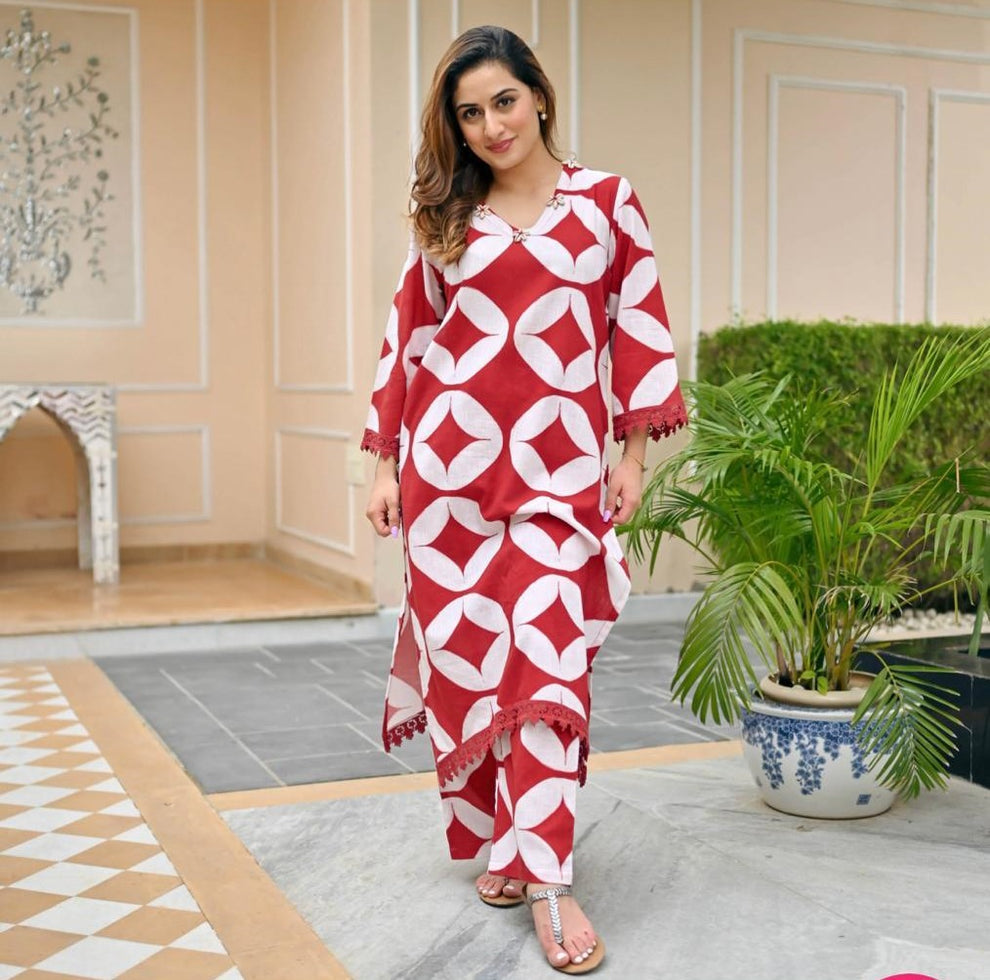 Cotton Printed Kurta Cord Set with Chicken Lace – Sukriti Store