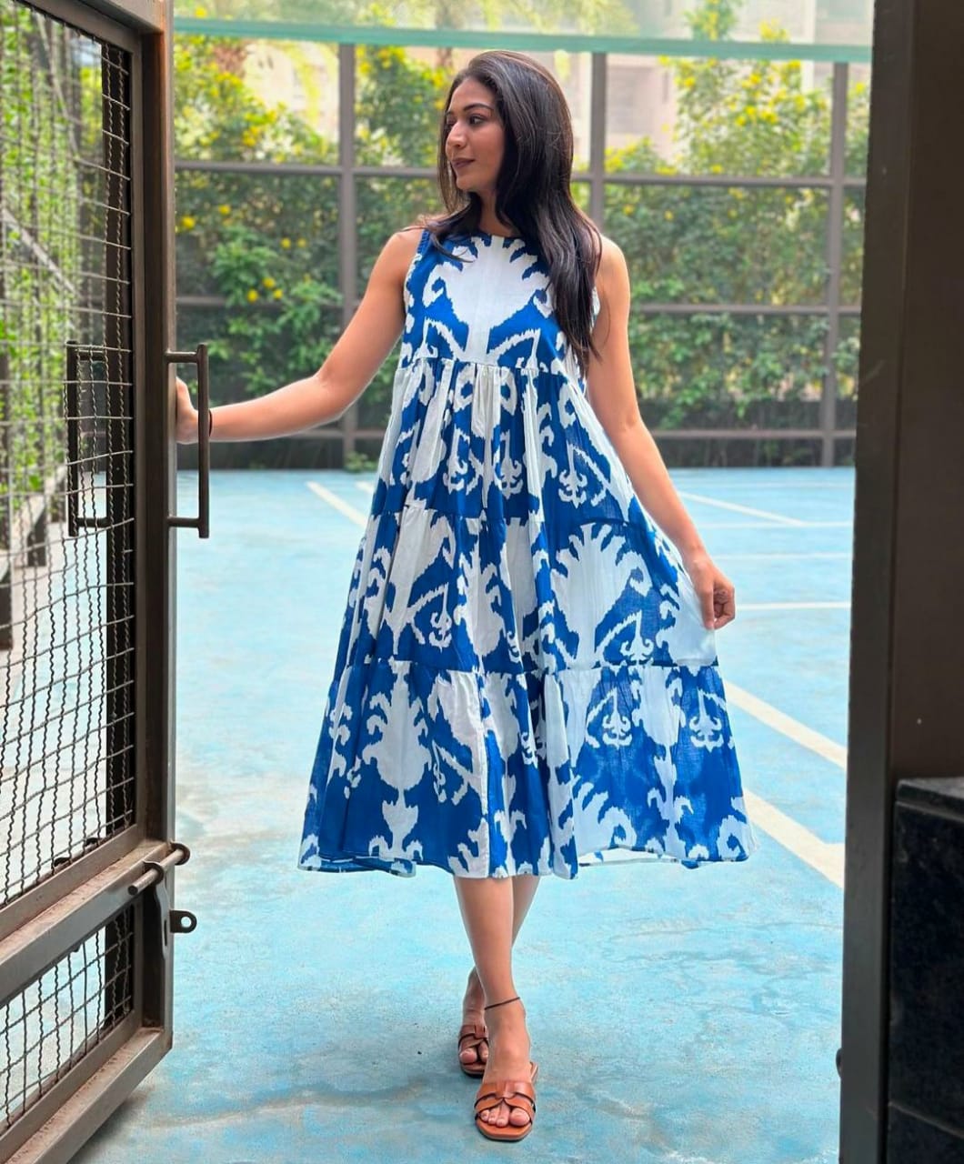 Blue Printed Lotus Flower Cotton Midi Dress – Sukriti Store