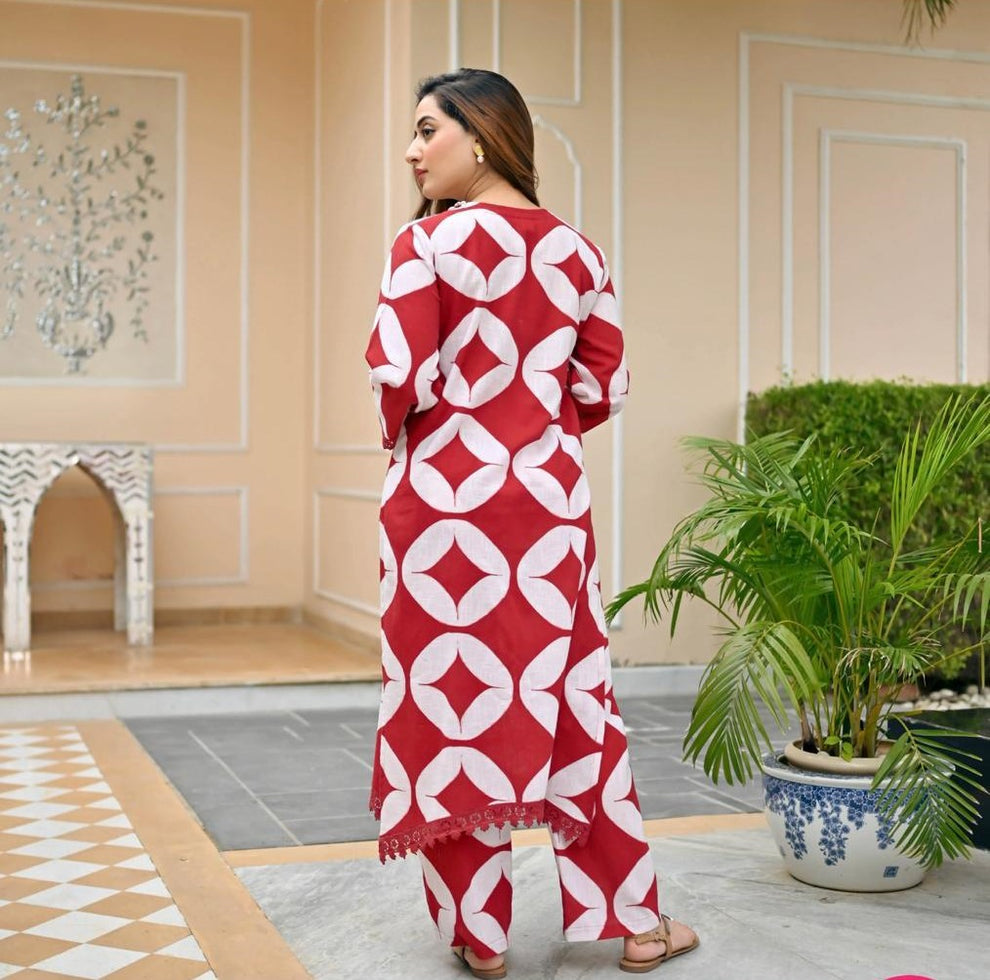 Cotton Printed Kurta Cord Set with Chicken Lace – Sukriti Store