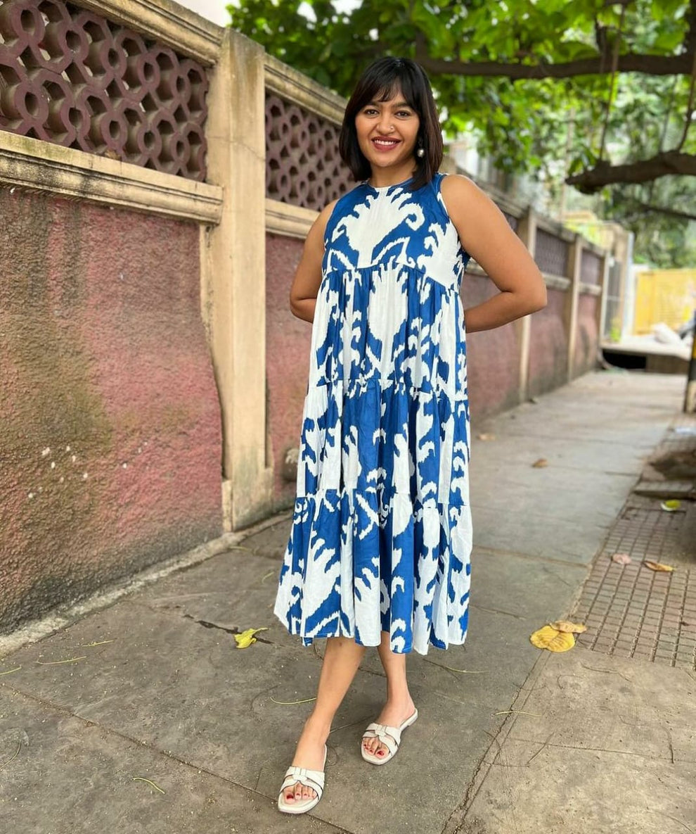 Blue Printed Lotus Flower Cotton Midi Dress – Sukriti Store