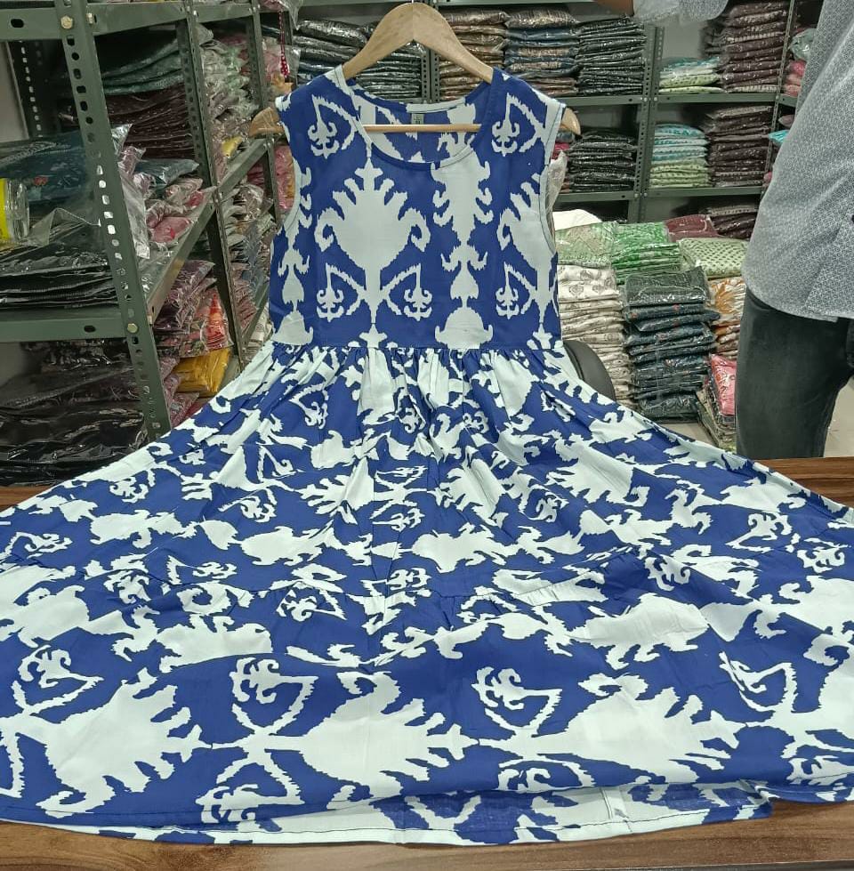 Blue Printed Lotus Flower Cotton Midi Dress – Sukriti Store