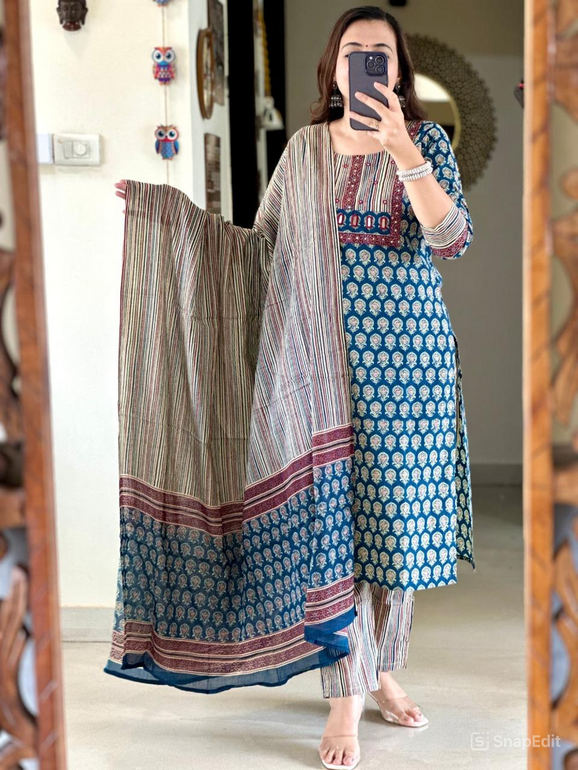Cotton Kurti Set with Pant & Dupatta | Mirror Work | Fully Stitched ...