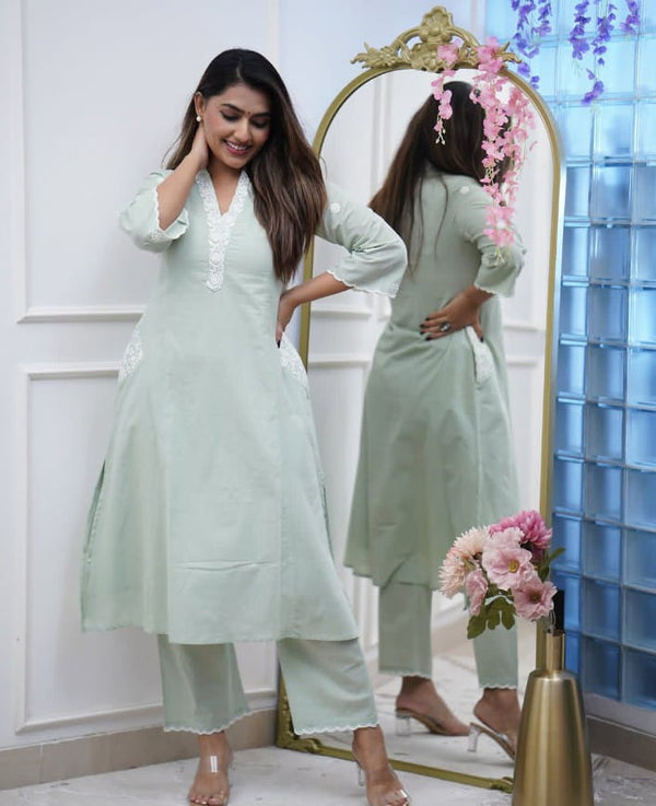 Cotton Thread Embroidery Kurti with Pocket and Pant Set – Sukriti Store